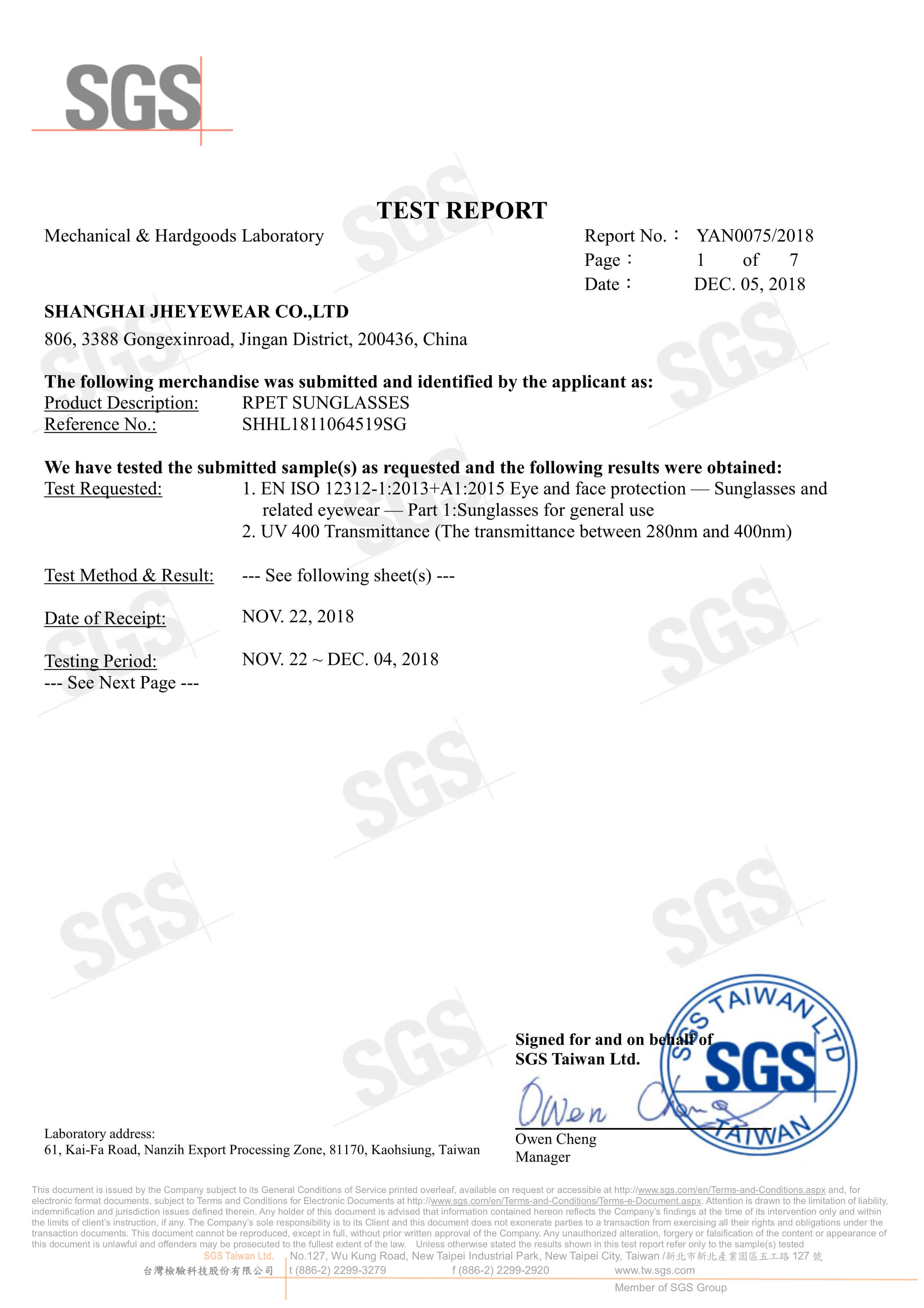 Experienced supplier of RPET SUNGLASSES TEST REPORT